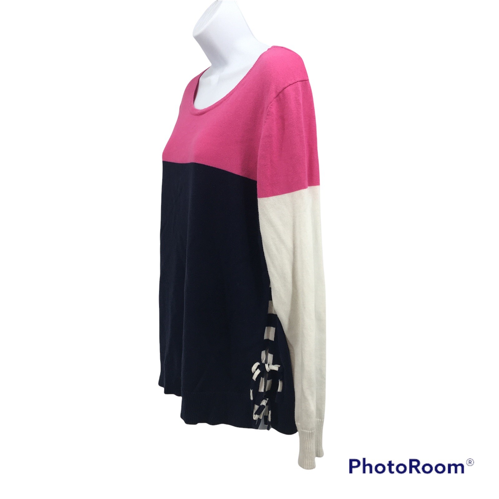 Crown & Ivy Pink/ Navy/ White Colorblock Sweater Side Tie Accents Women ...