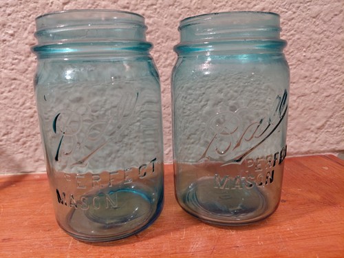 2 Blue Ball Perfect Mason Pint Jars w/ Dropped a, Offset Print ...
