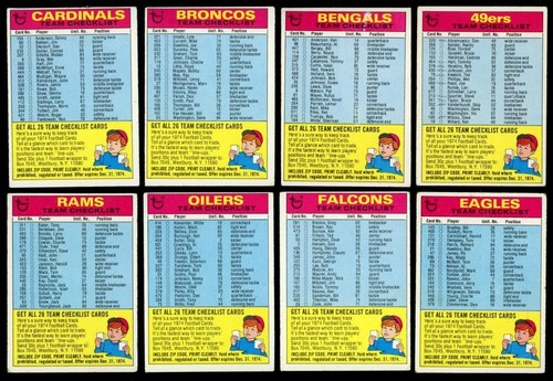 1974 Topps Football Team Checklist * (8) Card Lot Low/Mid Grade Good-VG ...