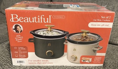Drew Barrymore Beautiful 2 Qt Slow Cooker Set 2 Porcini Taupe & Thyme ...