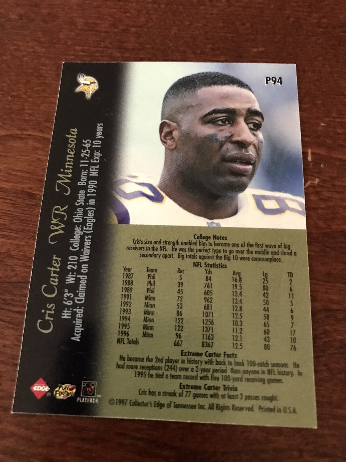 CRIS CARTER HAND SIGNED CARD EDGE EXTREME VIKINGS | eBay