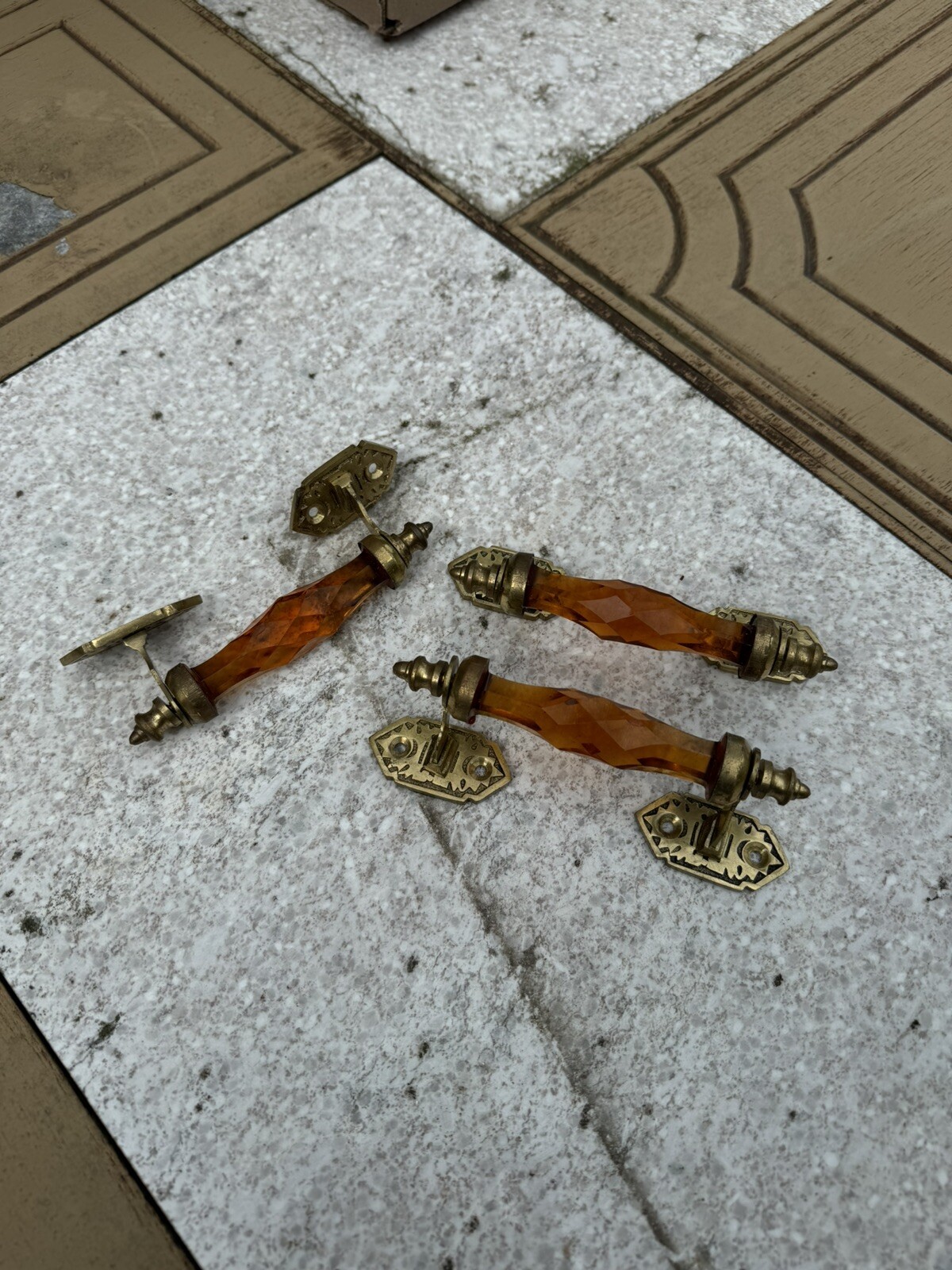 2 Pc Vtg Style Brass Amber Cut Glass Victorian Door Handle 6 Sets ...