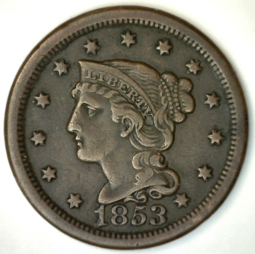 1853 Braided Hair Large Cent Copper Extra Fine Genuine Penny US Coin 1c ...