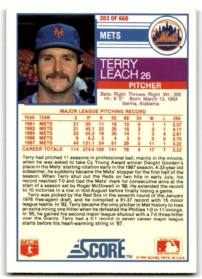 1988 Score Terry Leach p New York Mets #203 | eBay