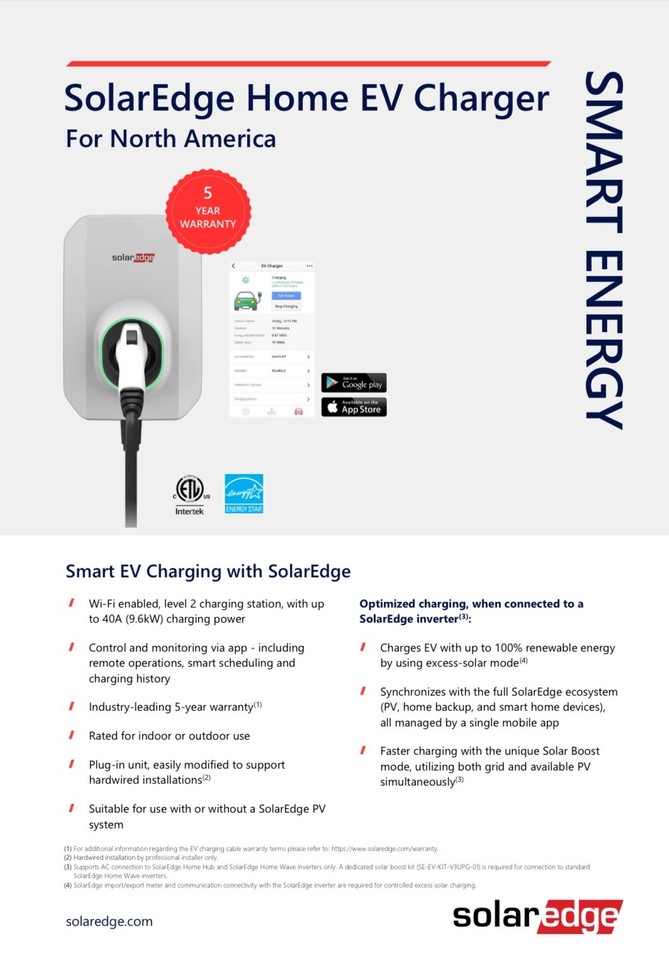 Solar Edge EV Charger Kit SE-EV-SA-KIT-LJ40P (CHARGING BOX AND 25FT ...