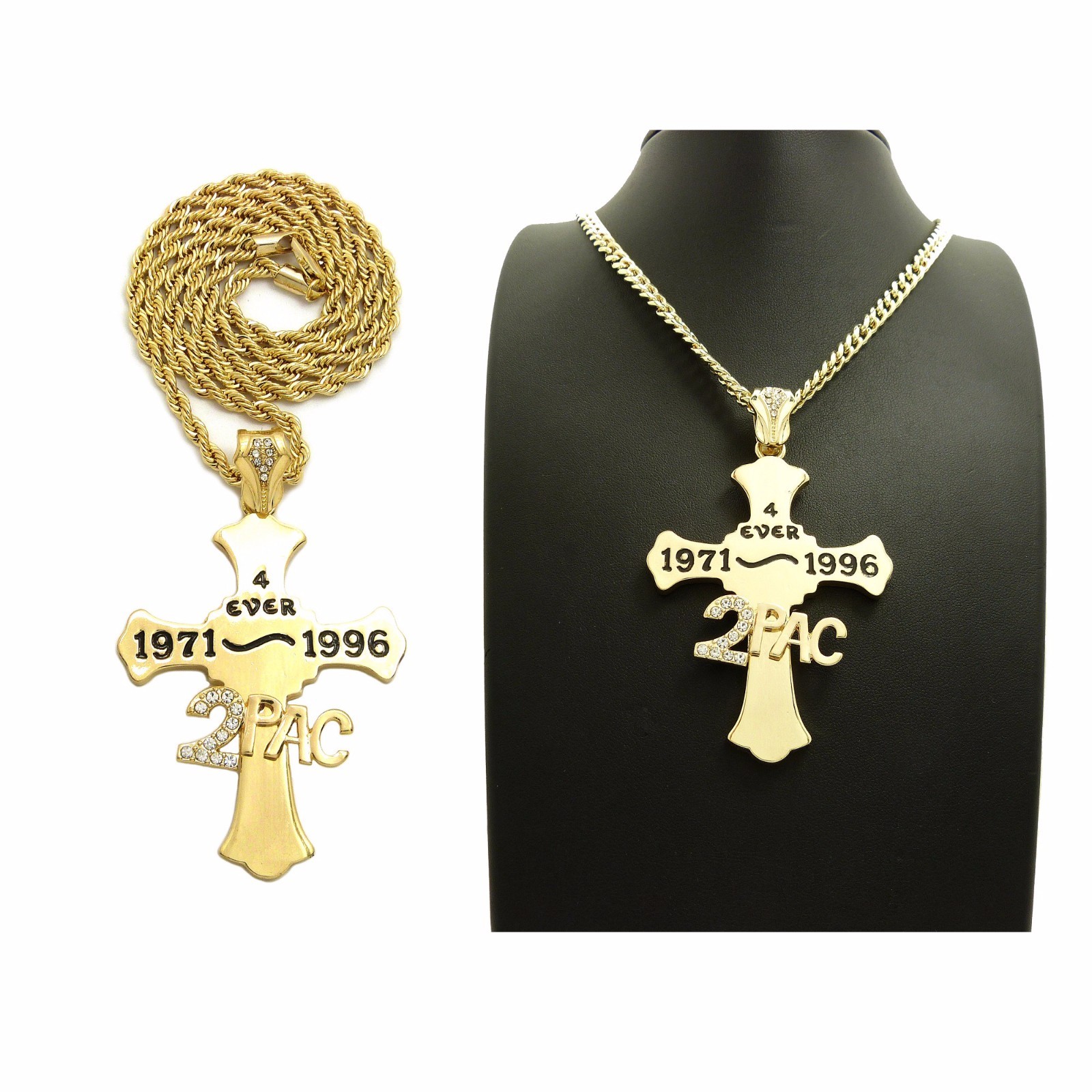 NEW 2PAC 4EVER CROSS PENDANT & 24" CUBAN/ROPE CHAIN HIP HOP NECKLACES ...
