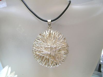 Handcrafted big round plain sterling Silver 3D wire string pendant ...