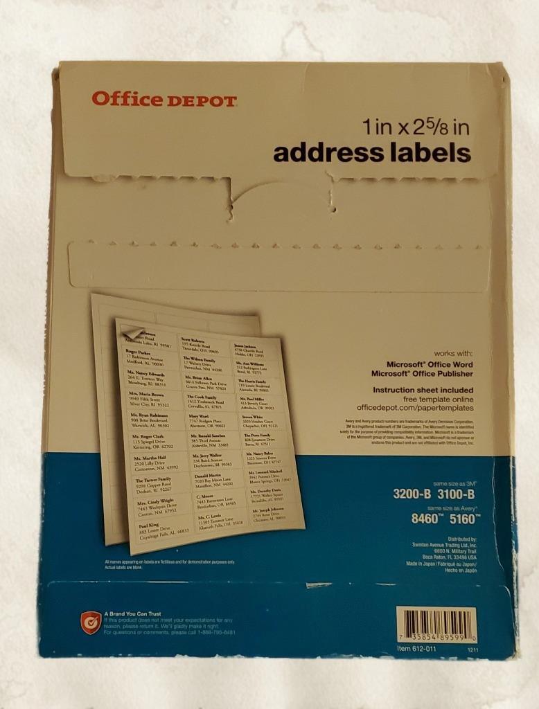 OFFICE DEPOT® - 1" X 2 ⁵⁄₈" Address Labels (612-011), 1500 Labels ...