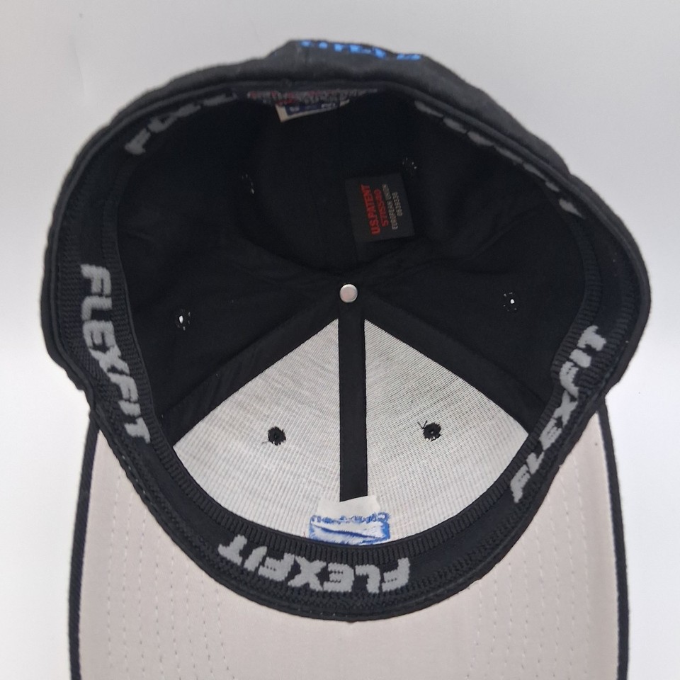 Chevron Lost Hills Hat Advertising Cap Solid Black Flex S/M Script Blue Red Logo | eBay