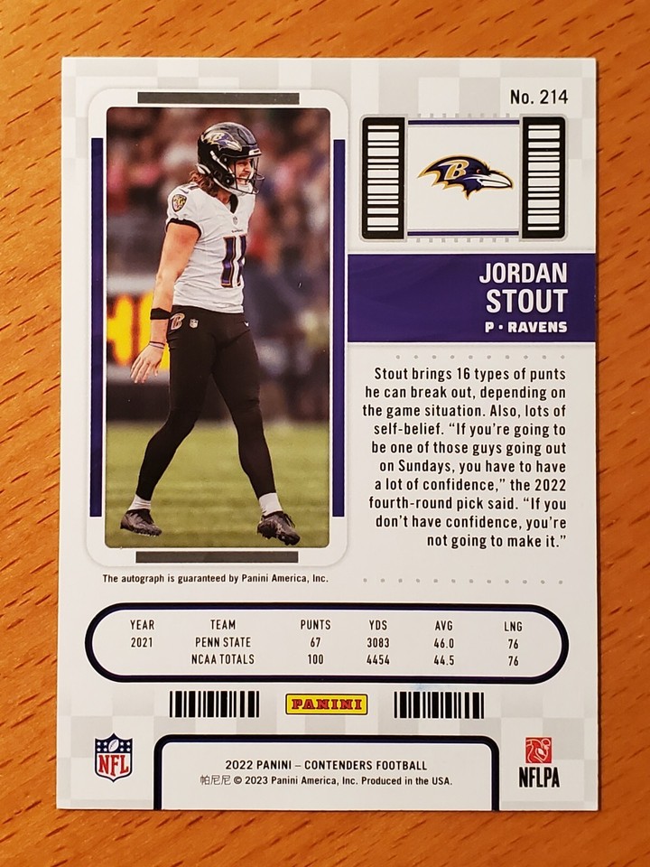 2022 Contenders Rookie Auto #214 Jordan Stout Penn State Ravens P | eBay
