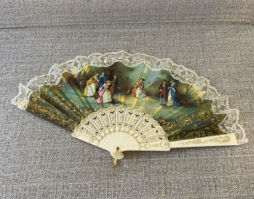 Vintage Fabric Lace Victorian Colonial Scene Hand-Held Folding Ladies ...