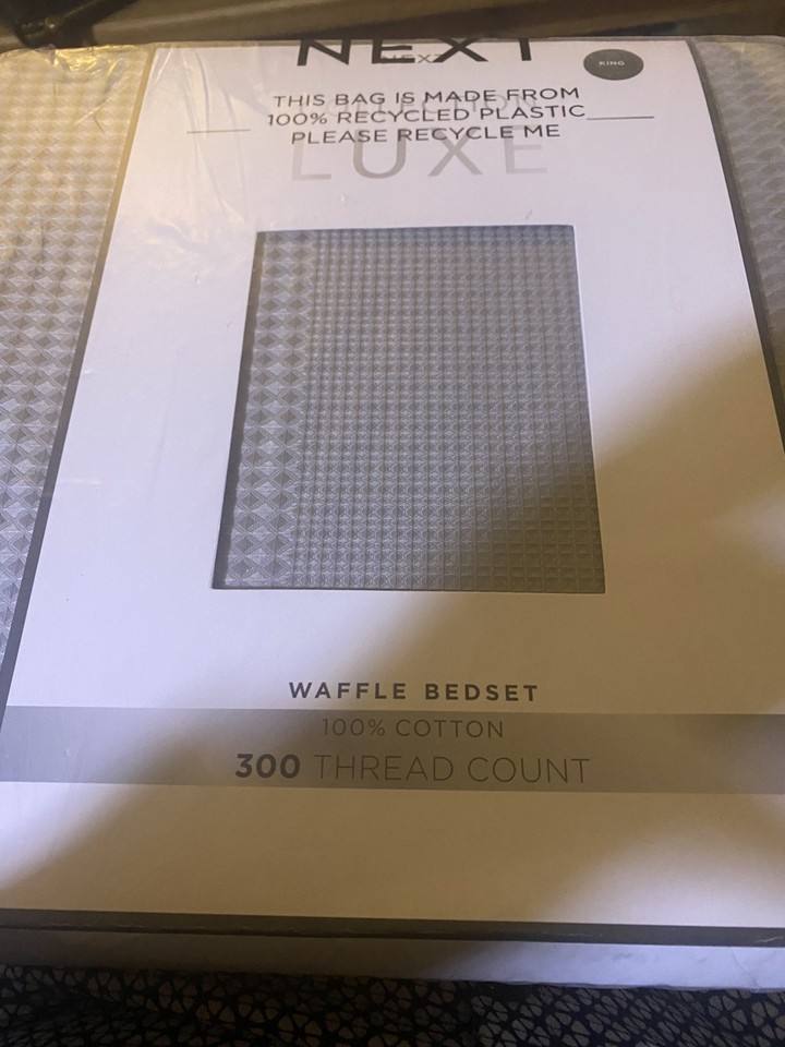 NEXT 100% COTTON KING SIZE BED SET CHARCOAL GREY WAFFLE STRIPE 300TC ...