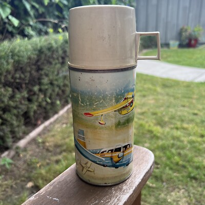 Vintage HOME TOWN AIRPORT METAL THERMOS - AIRPLANES 1960 Rare Tan Top ...