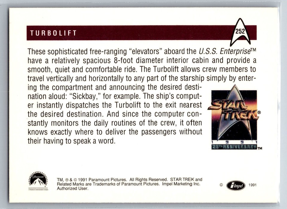 1991 Impel Star Trek 25th Anniversary Turbolift #252 | eBay