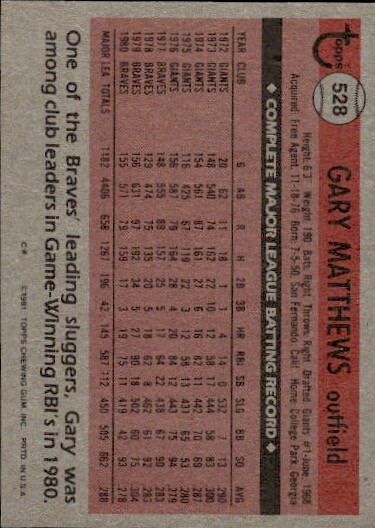 1981 Topps #528 Gary Matthews Atlanta Braves Baseball | eBay