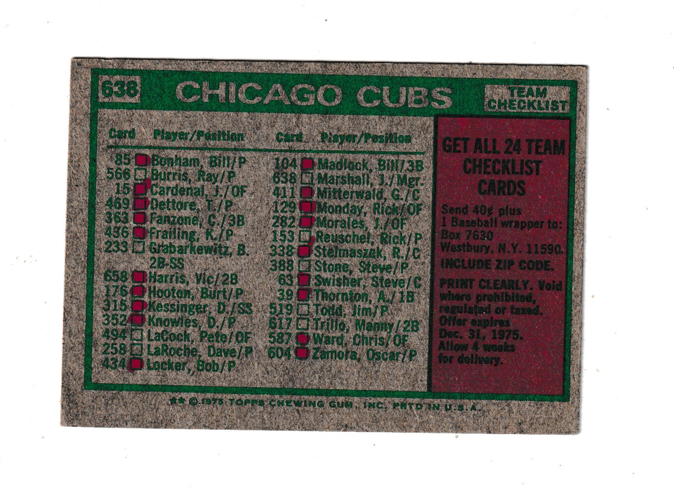 1975 Topps # 638 Cubs Team card. Jim Marshall MGR. .EX. back is marked ...