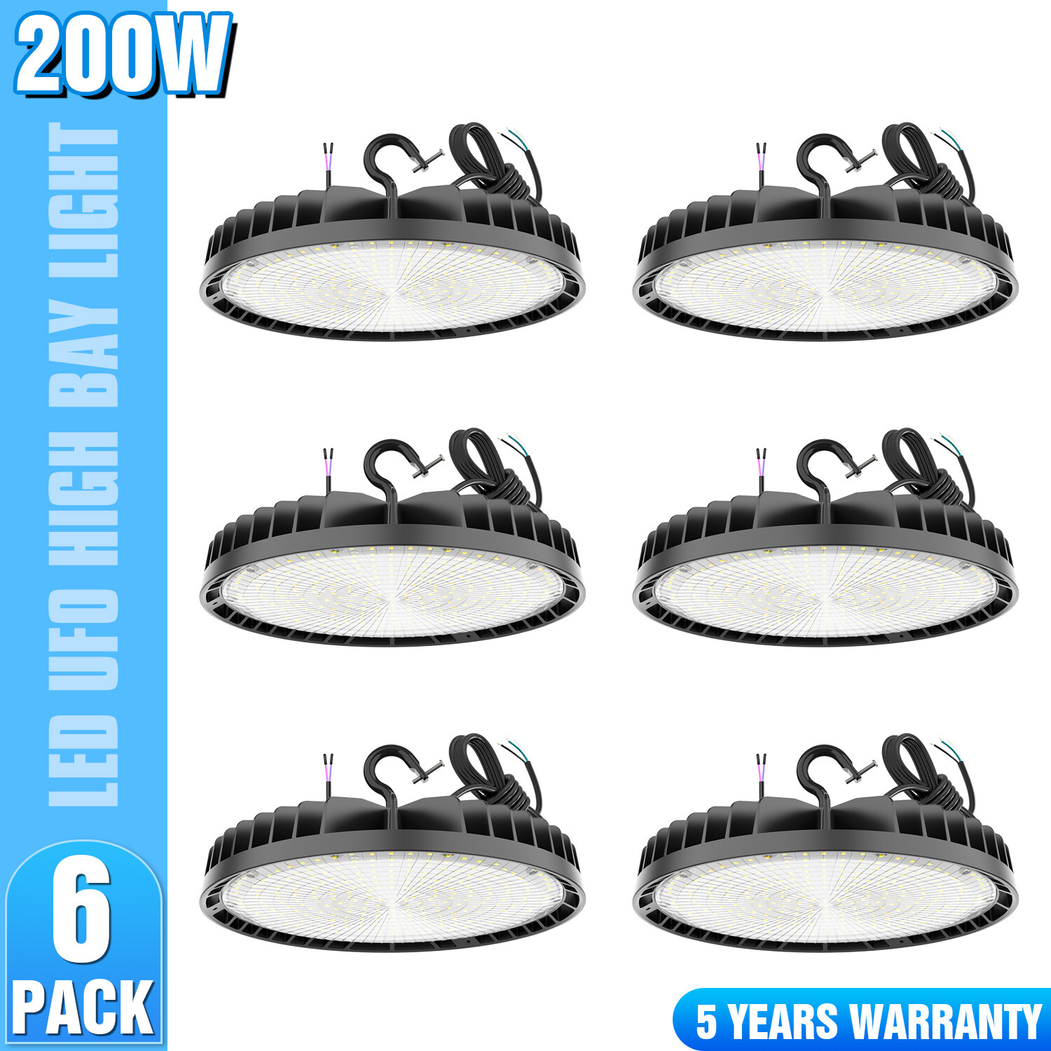 6Pack UFO LED High Bay Light 200W ‎30000LM Dimmable Factory Warehouse ...
