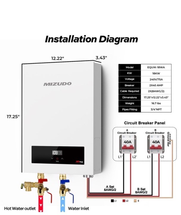 Electric Tankless Water Heater MIZUDO 18KW 240V Instant Endless Hot ...