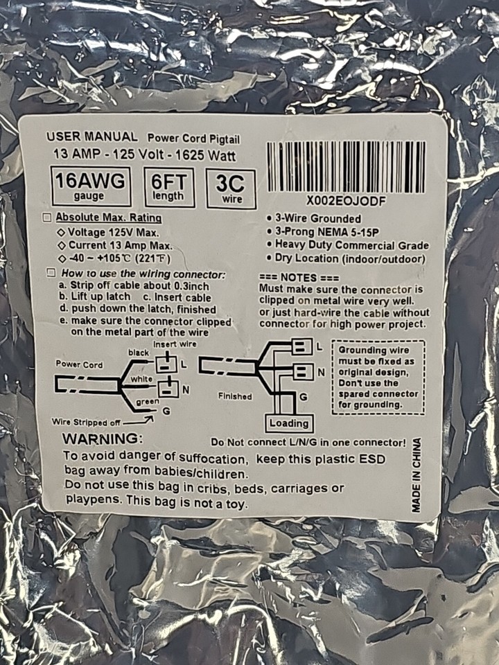 16 Gauge Power Cord Pigtail 16awg Replacement Power Cord Open 3 Wire ...