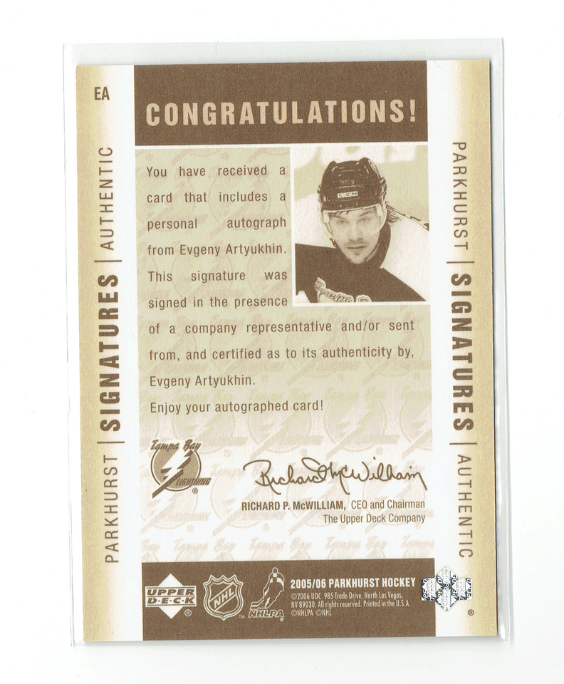2005-06 Parkhurst Signatures #EA Evgeny Artyukhin Tampa Bay Lightning ...