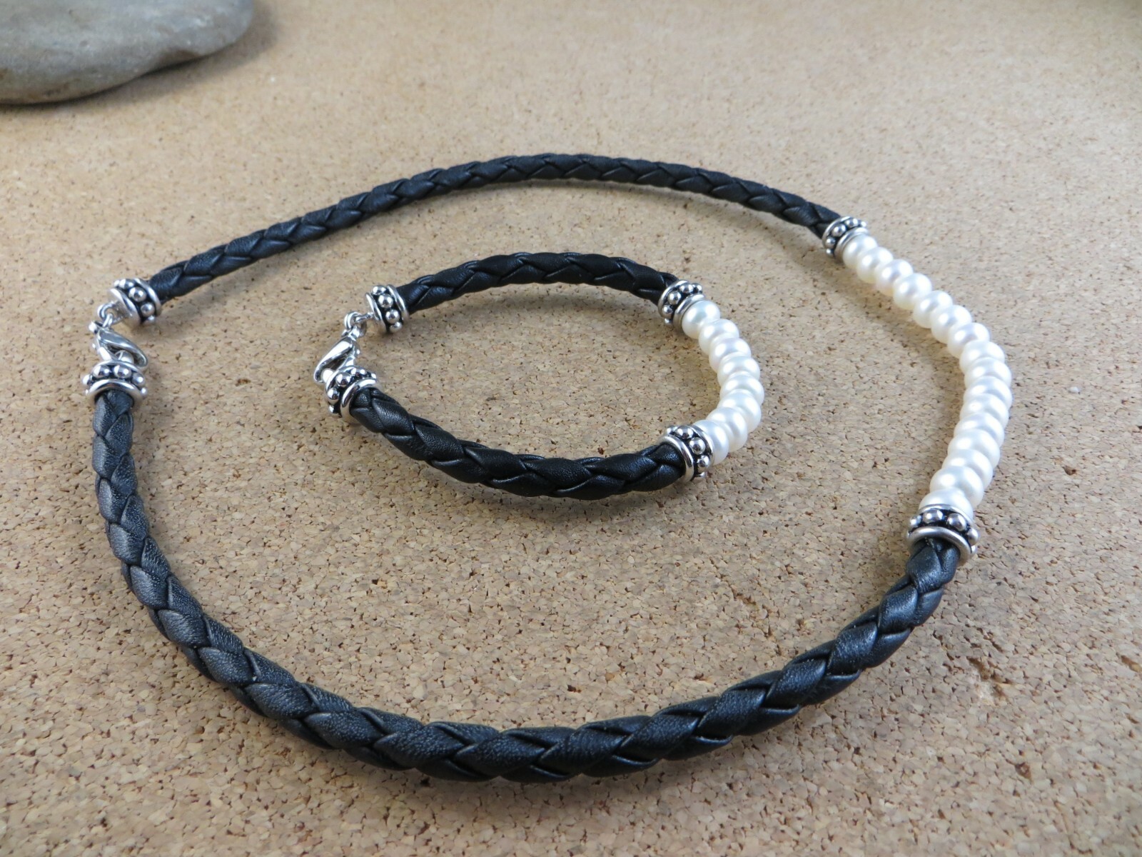 Honora Collection White Pearl Black Braided Leather N… - Gem