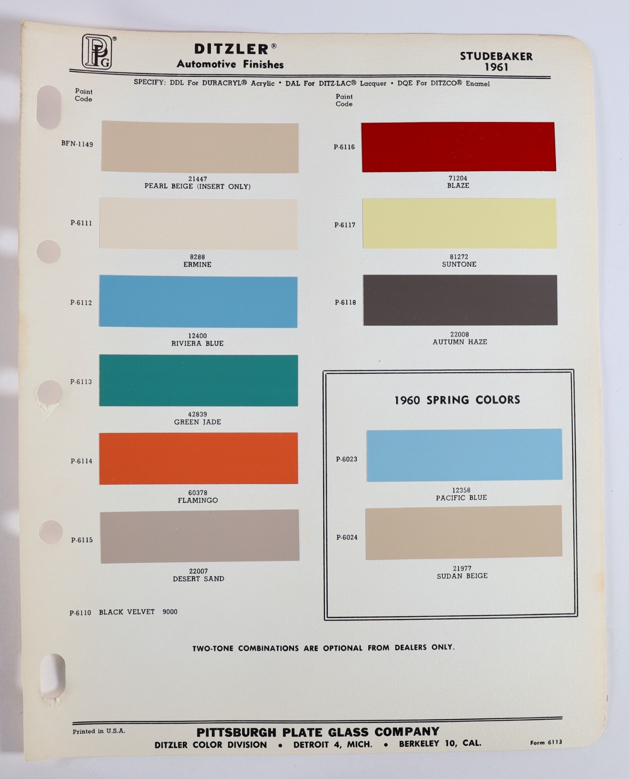 1961 Studebaker Color Paint Chip Sheet Ditzler PPG Automotive Finishes ...