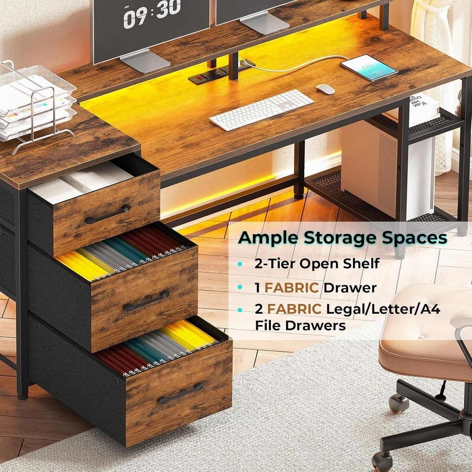 59" Office Desk with Drawers, Reversible Computer Desk with LED Lights ...