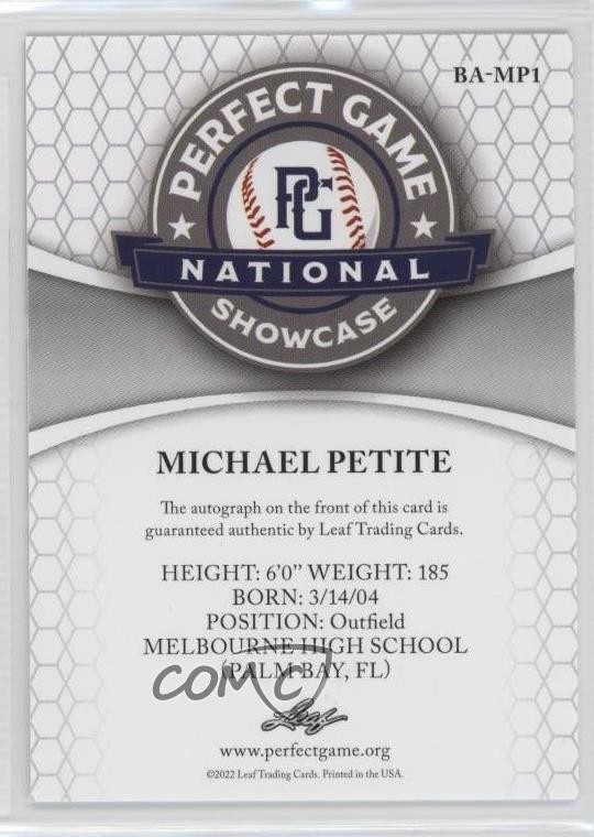 2022 Leaf Perfect Game National Showcase Auto /50 Michael Petite #BA ...