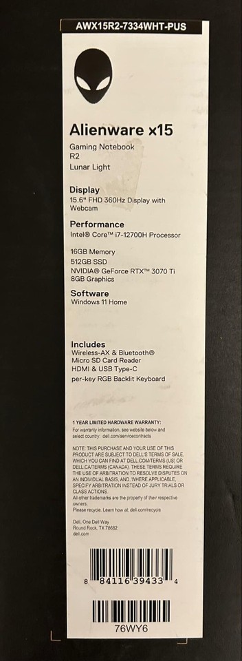 New! Alienware X15 R2 Gaming Laptop 15.6 360Hz i7-12700H RTX 3070Ti ...