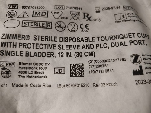 Zimmer Sterile Disposable Tourniquet Cuffs 12 IN Dual Port Single ...