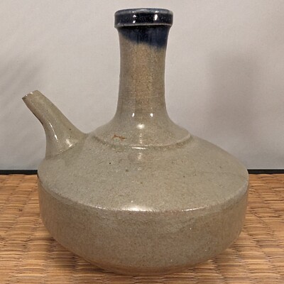 Antique Japanese Ceramic Pottery Sake Flask Bottle Choshi Grey Blue ...