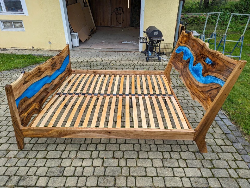 Live edge blue ocean river epoxy walnut bed, king size walnut epoxy ...