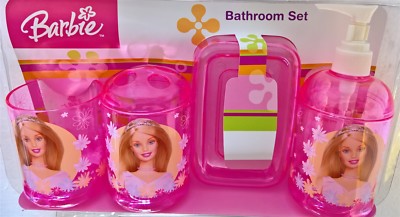 ~ Barbie - BATHROOM 4 Piece BATH SHOWER SET SOAP TOOTHBRUSH HOLDER CUP ...