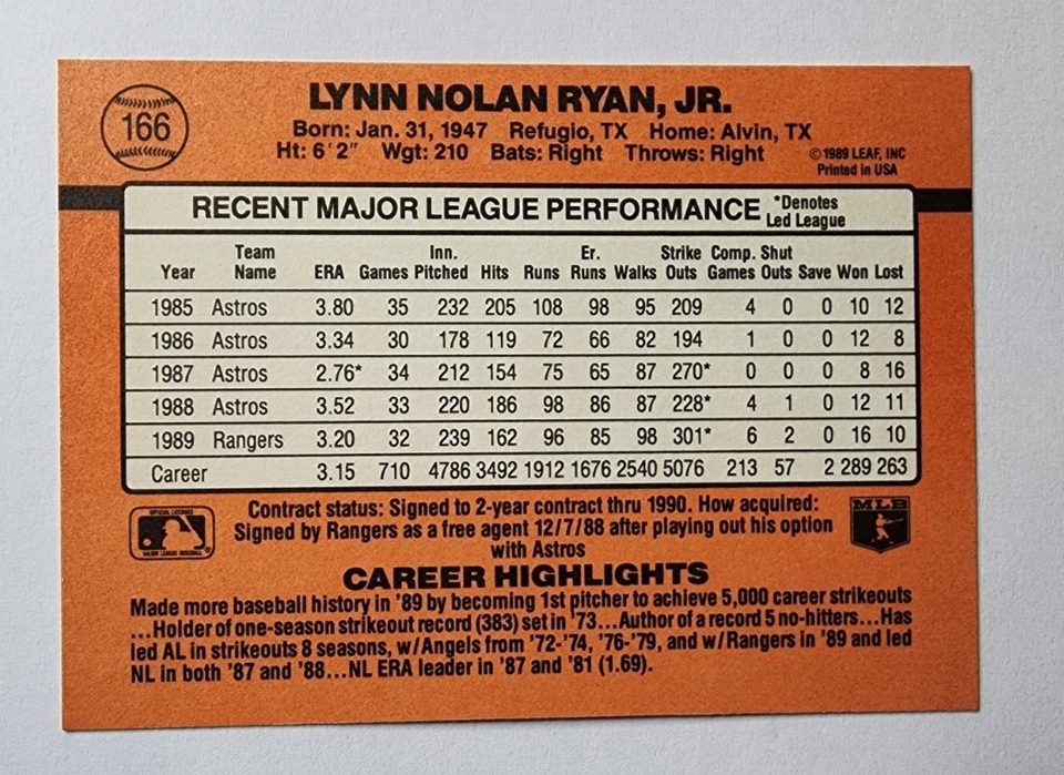 Nolan Ryan 1990 Donruss ERROR Card #166 ~ No Dot After Inc | eBay