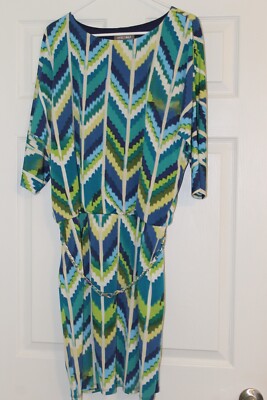 Ros & Ali 3/4 Sleeve Elastic Waist Geometric Print Stretch Belted Dress ...