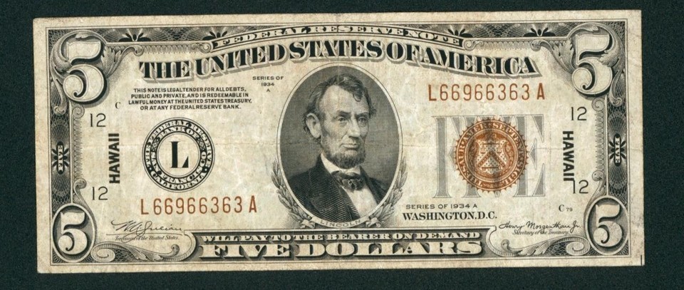 (TRINARY) $5 1934 (( HAWAII )) Federal Reserve Note ** DAILY CURRENCY ...