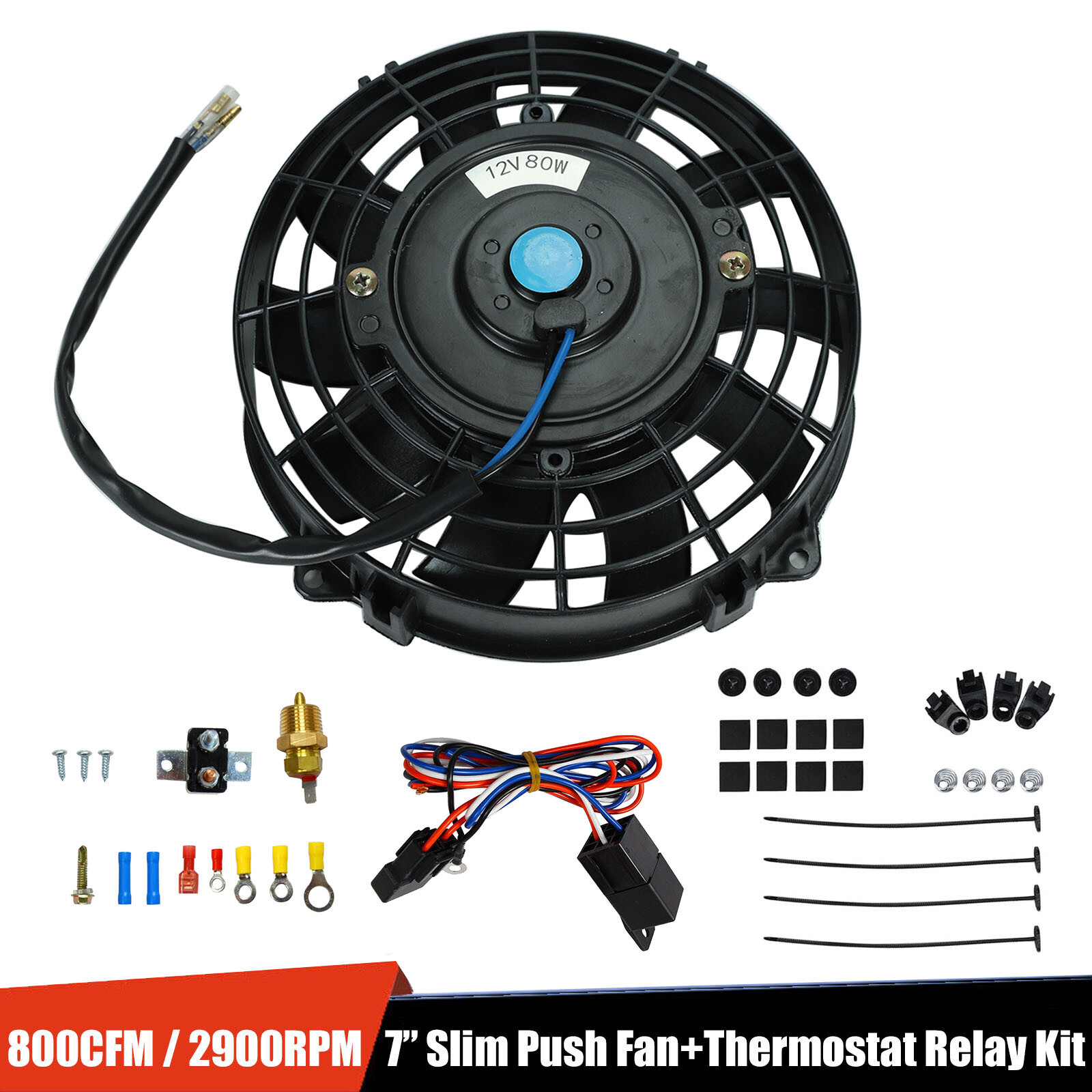 7" ELECTRIC RADIATOR FAN MOUNT SET BLACK + THERMOSTAT WIRING SWITCH ...