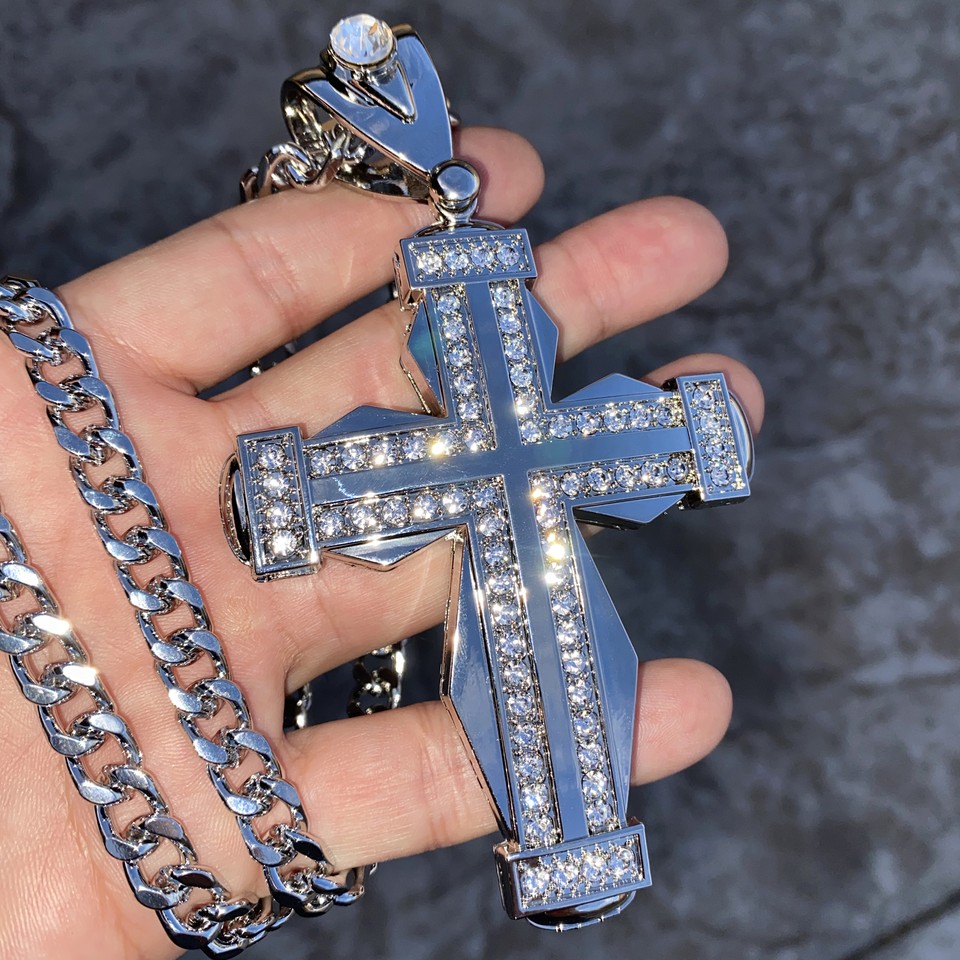 Men Huge Double Cross Pendant Jesus Necklace Silver Tone Hip Hop Cuban ...
