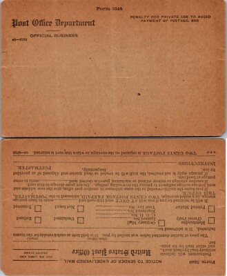 Post Office Department Undelivered Mail Notice Postcard | eBay