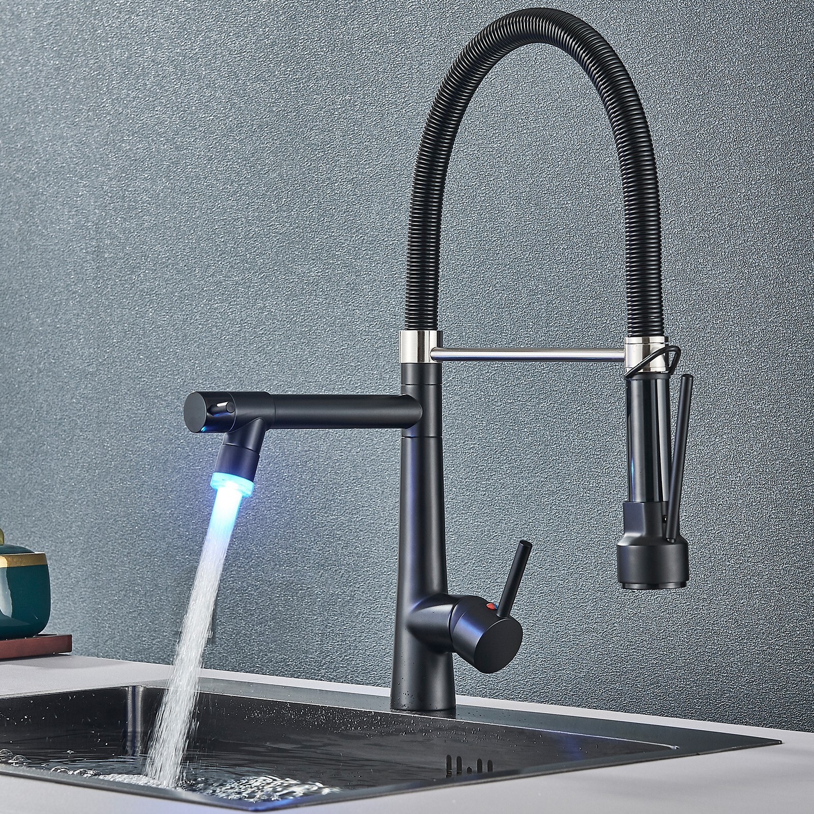 Black LED Kitchen Faucet Sink Mixer Faucet Single Handle Pull Down ...