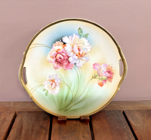 Vintage RS Germany Open Handles 9” Cake Plate with Lovely Floral Hand ...