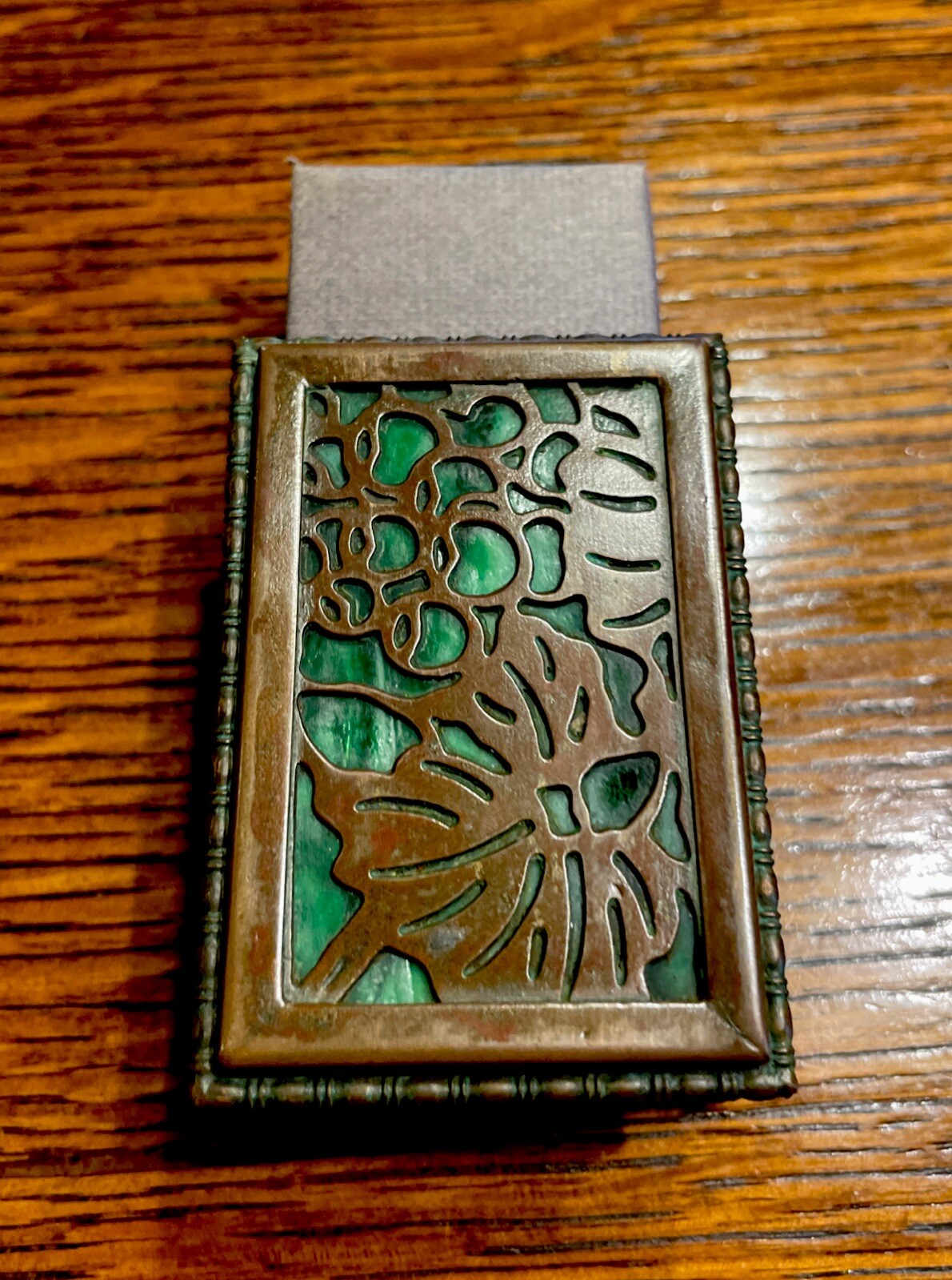 ANTIQUE TIFFANY STUDIOS GRAPEVINE BEADED MATCHBOX SAFE:GREEN GLASS ...