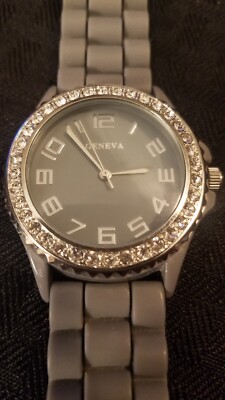 Geneva Grey/Gray Women's Wrist Watch with Rhinestone Crystals Silicone ...