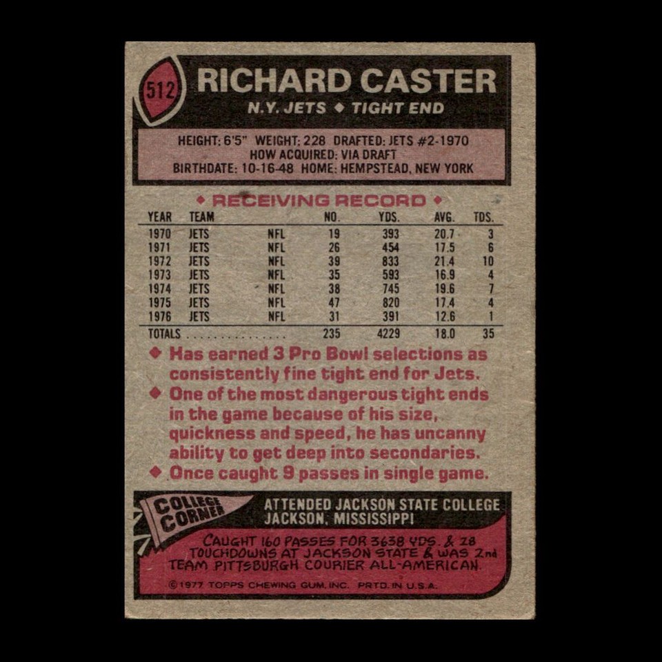 Richard Caster 1977 Topps New York Jets #512 R324F 44 | eBay
