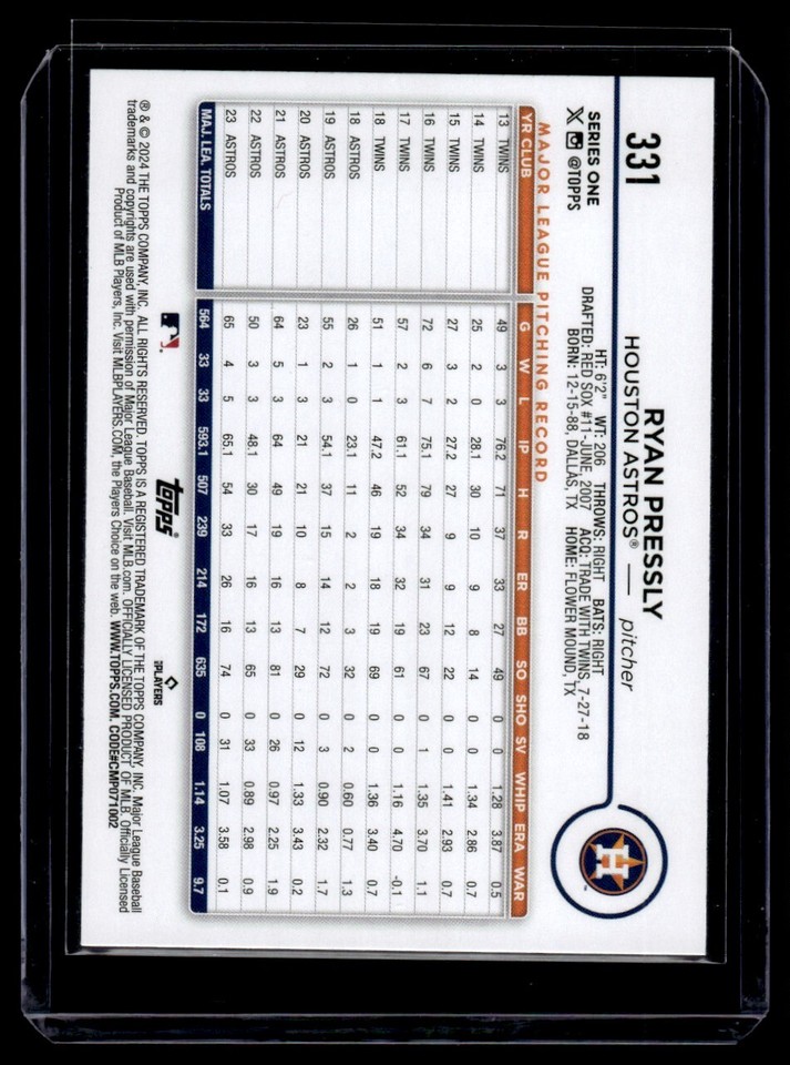 2024 Topps Series 1 (Aqua Border) Fanatics Excl. Ryan Pressly Houston ...