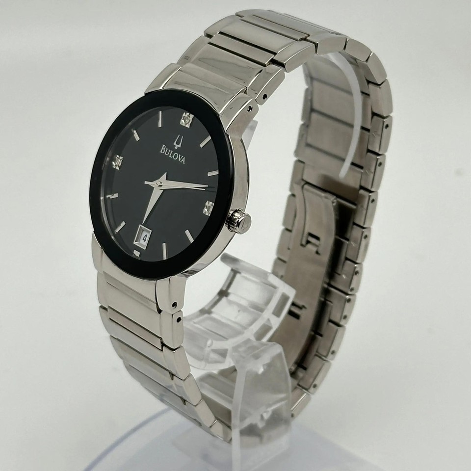 Bulova 35mm Stainless Steel Date Black Diamond Dial Mens Quartz Watch ...