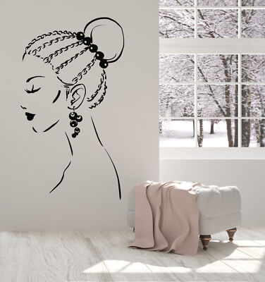 Vinyl Wall Decal Beautiful Girl Face Braids Hairstyle Earrings Stickers ...