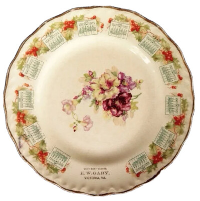 1913 VICTORIA, VA, E. W. GARY STORE CALENDAR PLATE, HIBISCUS, HOLLY ...