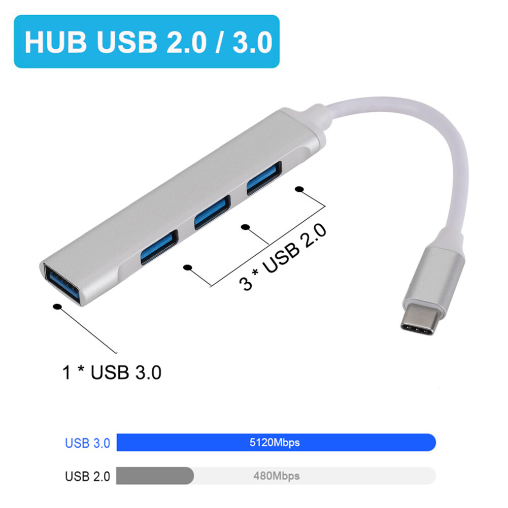 Portable USB Type C HUB Extender 4 Ports Multi Splitter Adapter (Silver ...