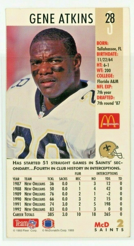 1993 McDonald's Game Day Gene Atkins #2 - New Orleans Saints Tear Out ...